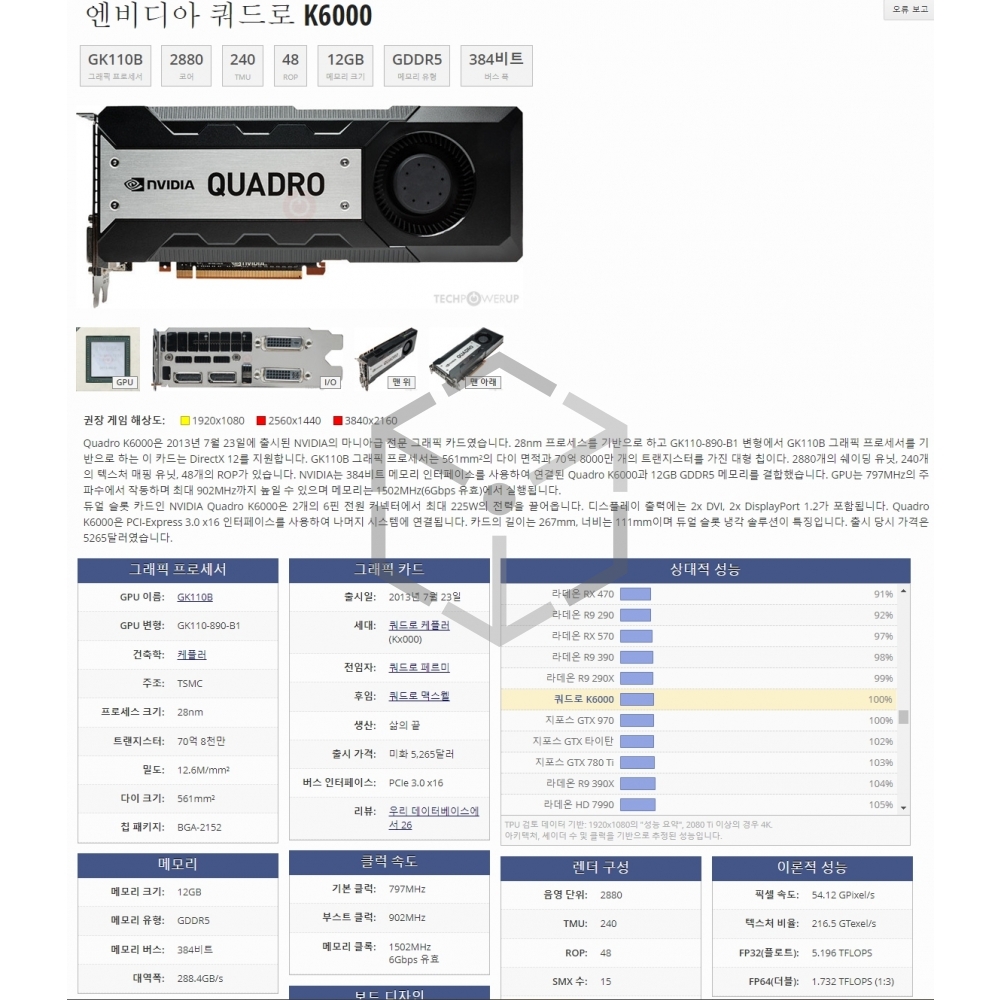 Nvidia Quadro K6000 12G 영상편집 렌더링 설계 그래픽카드 쿼드로 딥러닝 중고GPU : 컴퓨존